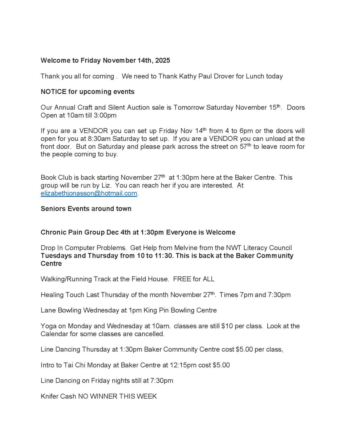 Friday November 14th Announcements - YK Seniors' Society